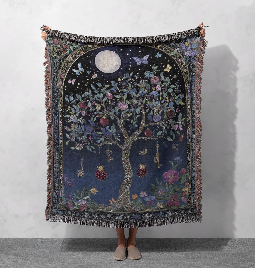 Magical Tree Woven Blanket 100% Cotton With Keys, Fruit, and ...