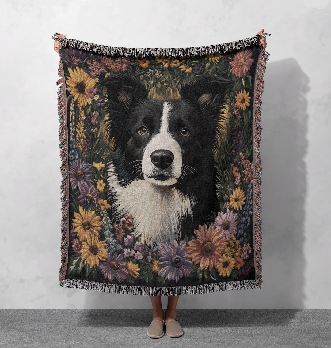 100% Cotton Custom Border Collie Woven Blanket, Floral Dog Tapestry ...