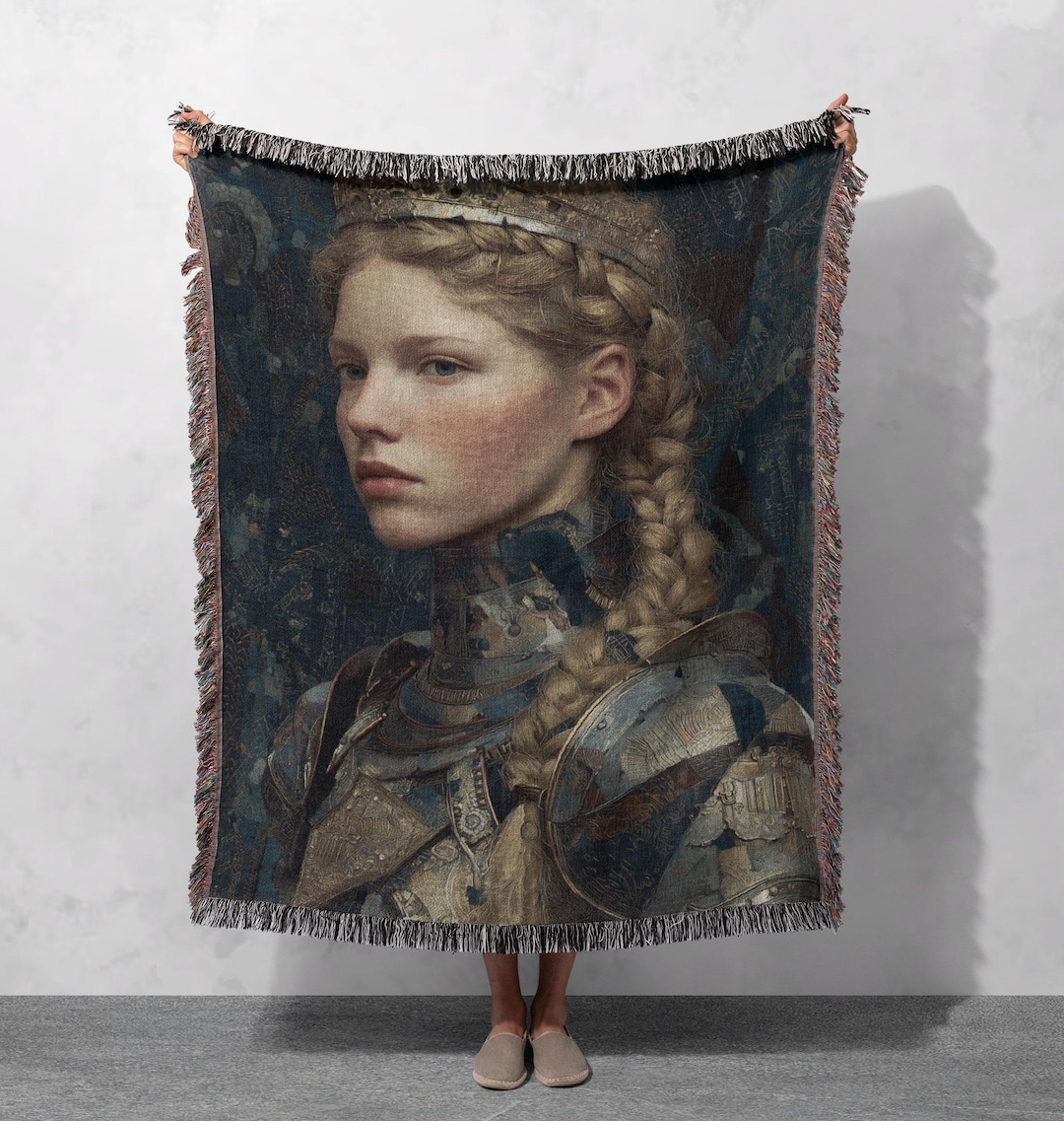 Medieval Knight Woman Woven Blanket 100% Cotton, Fantasy Warrior Maiden ...