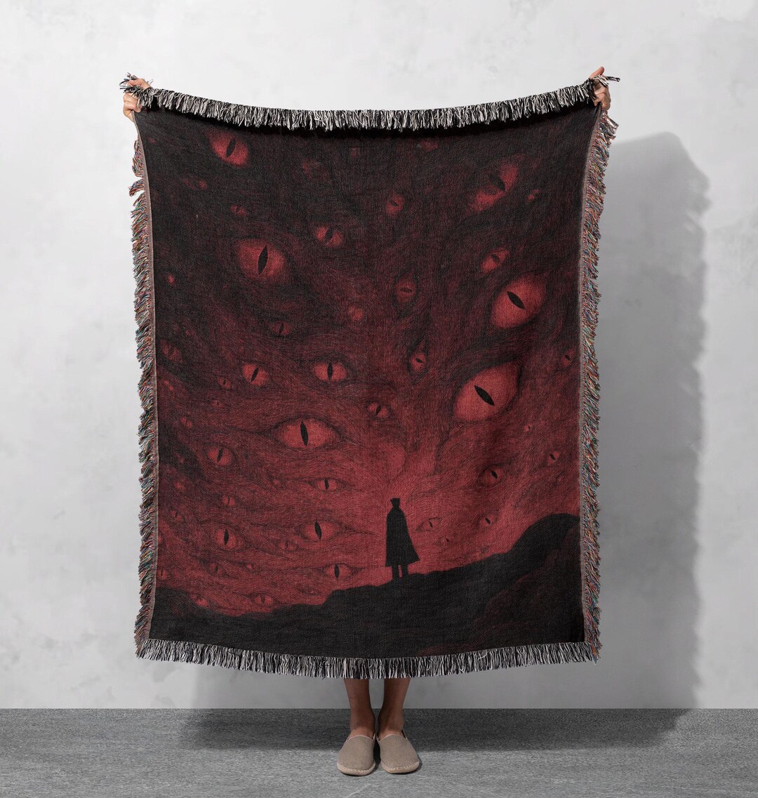Dark Fantasy Red Eyes Woven Blanket 100% Cotton, Horror Themed Woven ...