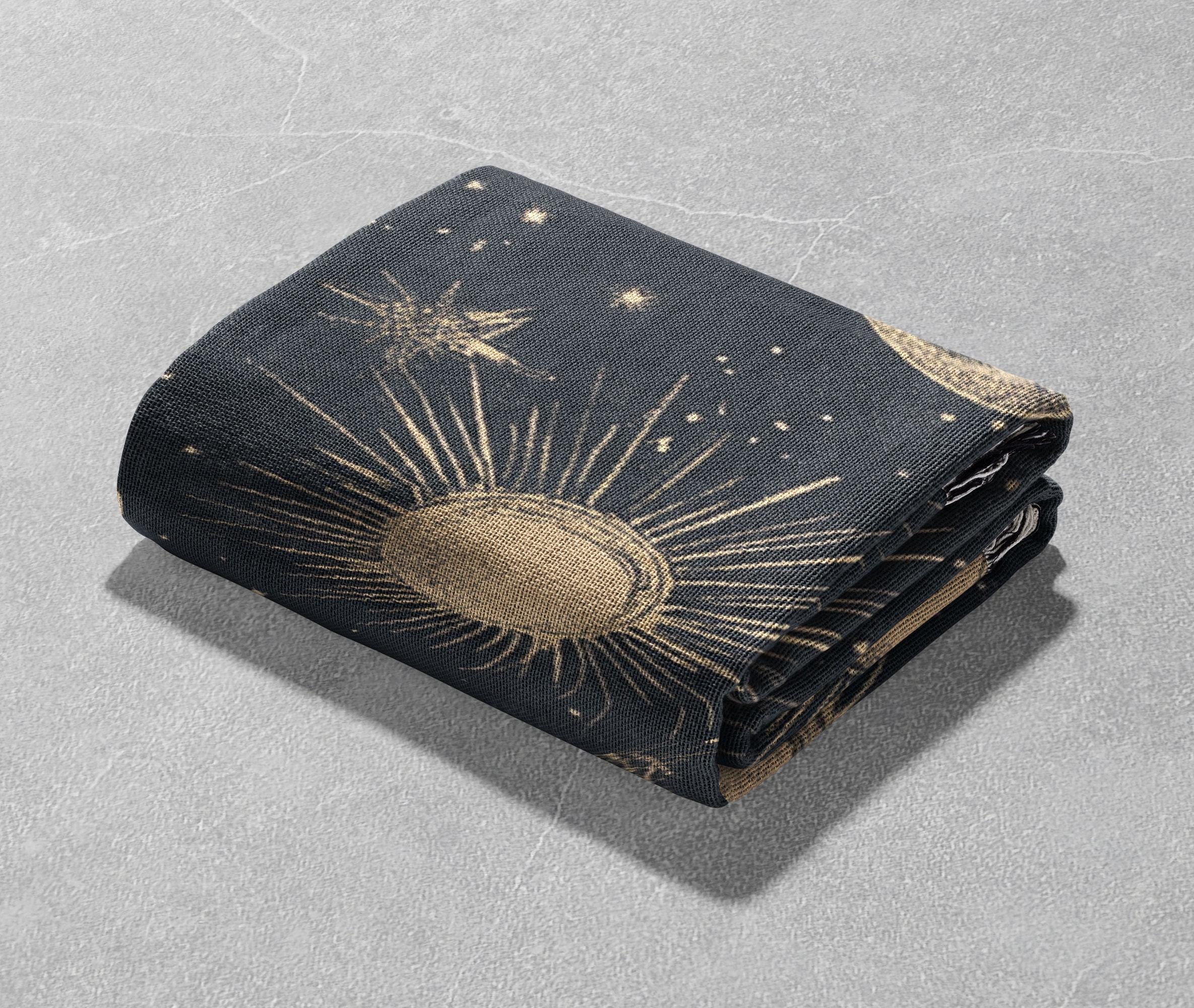 Celestial Moon and Stars Woven Blanket 100% Cotton With Golden Sun ...