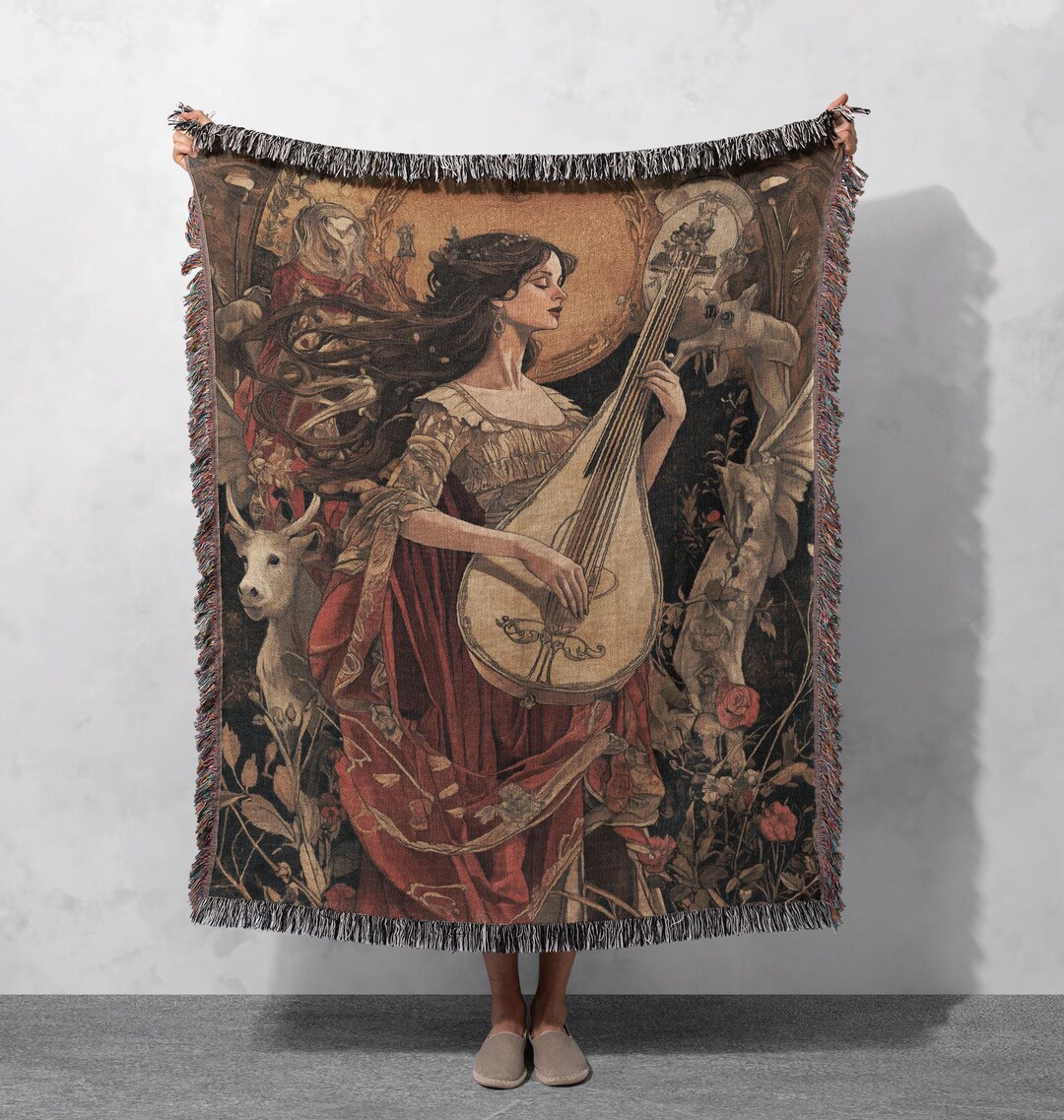 Medieval Melody Woven Blanket 100% Cotton - Elegant Maiden Art Throw ...