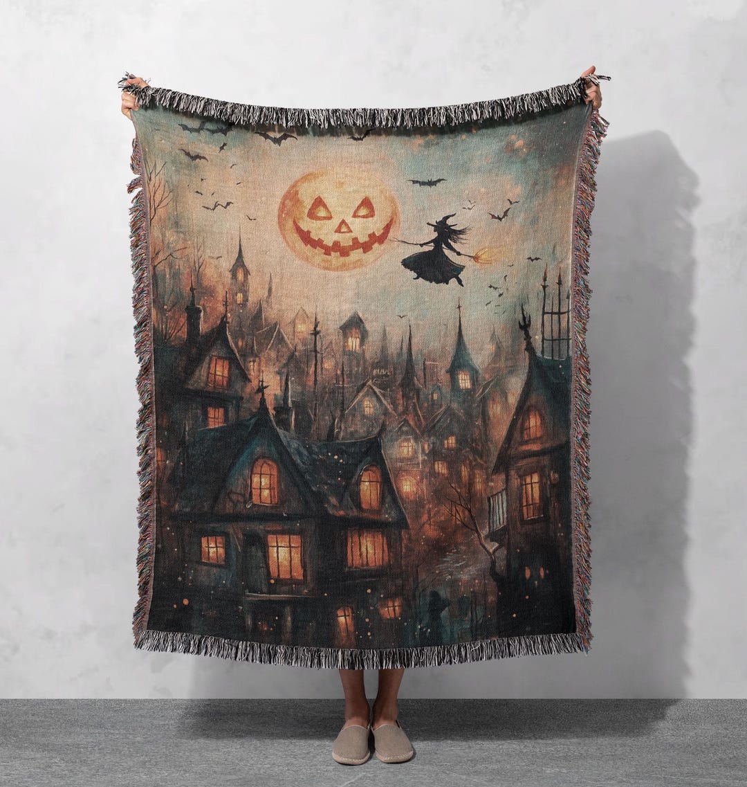 Halloween Witch Over Haunted Village Woven Banket 100% Cotton, Spooky ...