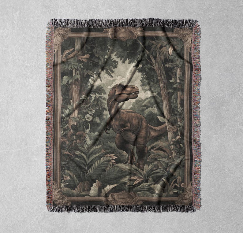 100% Cotton Dinosaur Woven Blanket, T-rex Jungle Tapestry, Vintage ...
