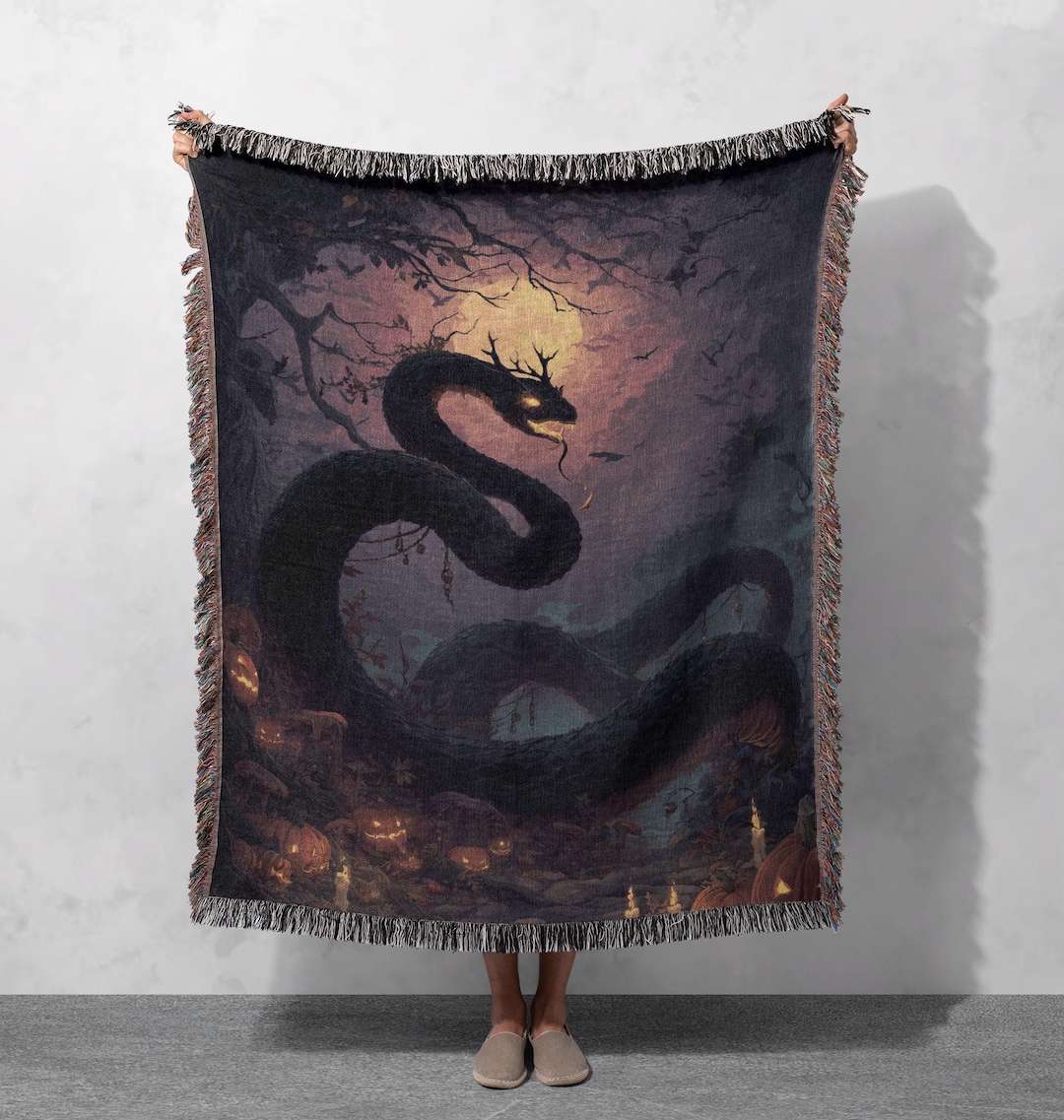 Halloween Serpent Woven Blanket 100% Cotton, Fantasy D&D Fan Woven ...