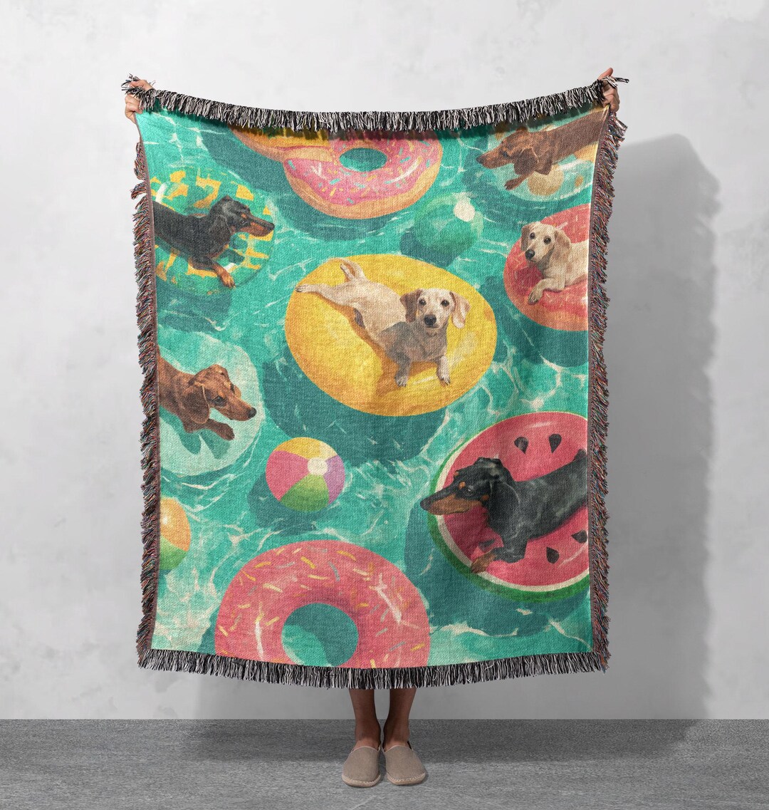 Cute Dachshund Dog Woven Blanket 100% Cotton, Pool Float Summer Woven ...