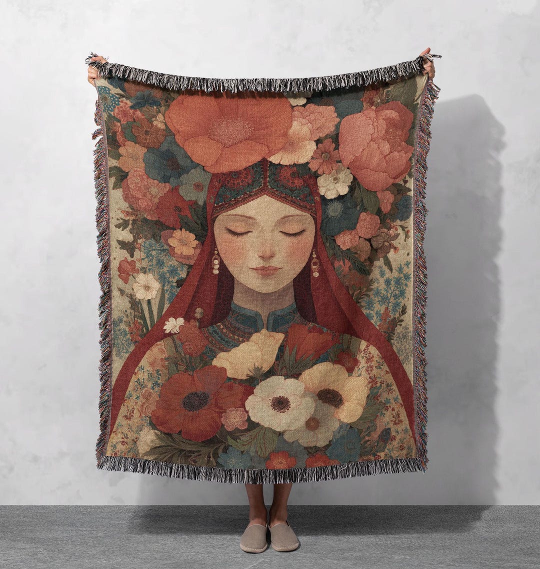 Folk Art Lover Woven Blanket 100% Cotton, Slavic Goddess Woven Throw ...