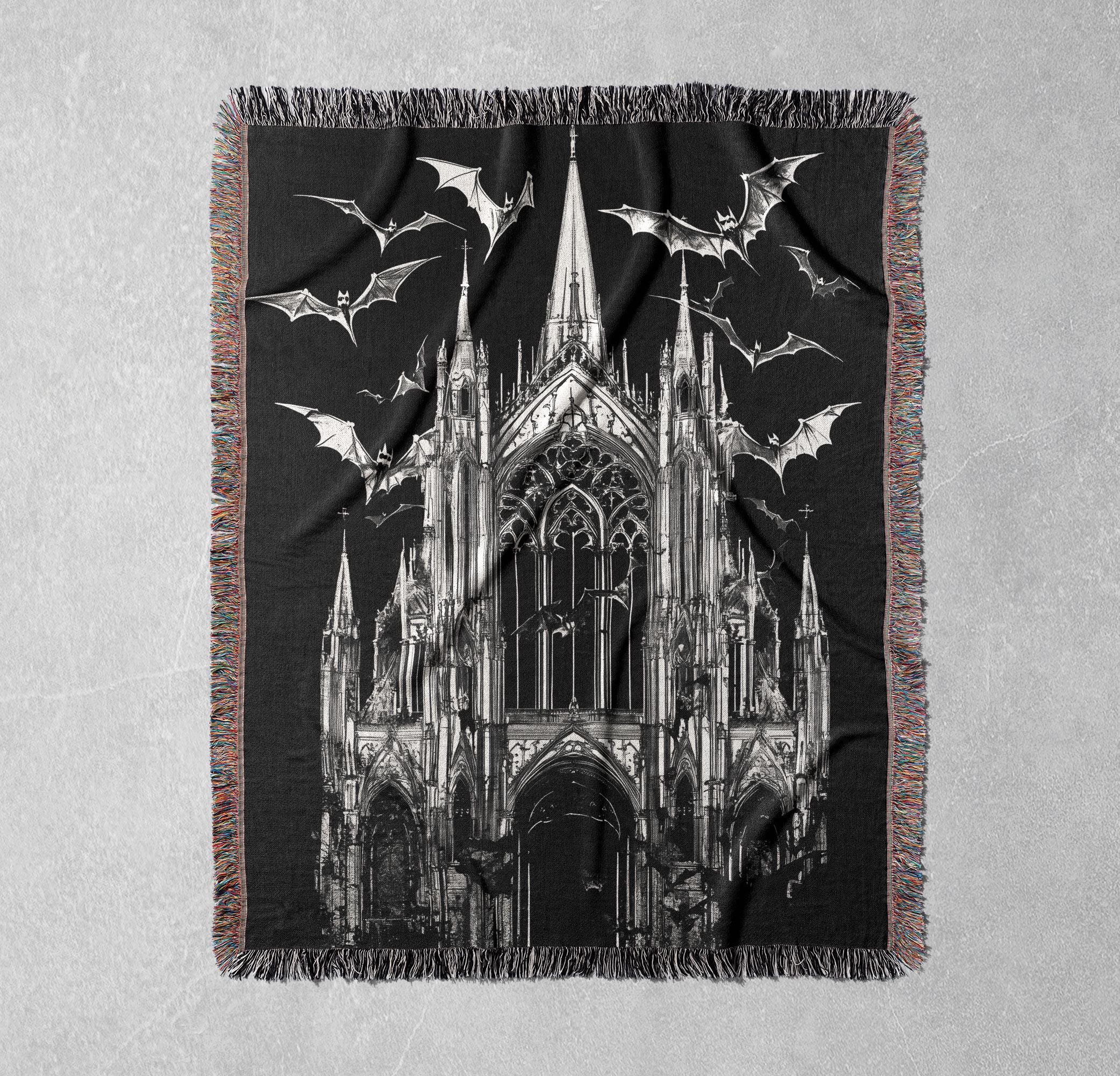 Gothic Cathedral Woven Blanket, 100% Cotton Black Tapestry, Haunted ...