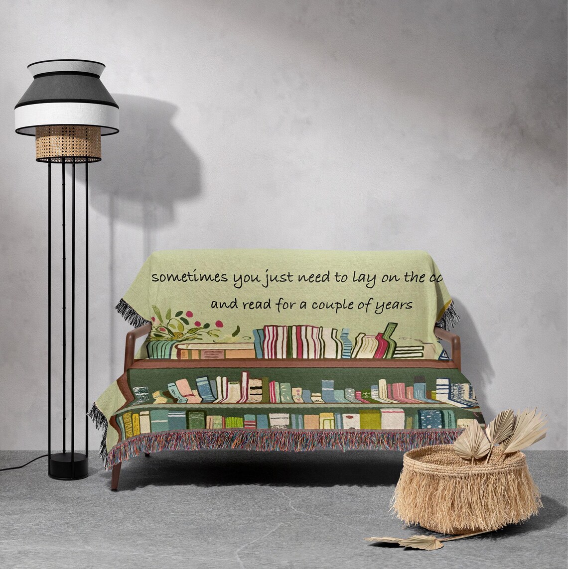 Cozy Woven Blanket 100% Cotton With Bookshelf Illustration & Relaxing ...