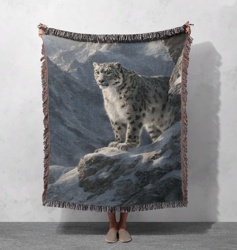 Snow Leopard Wildlife Woven Blanket 100% Cotton, Mountain Animal Lover ...