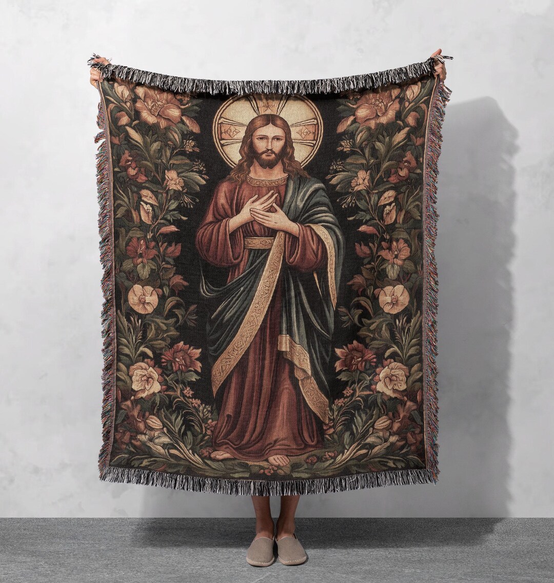 100% Cotton Sacred Jesus Woven Blanket, Christian Tapestry Throw ...