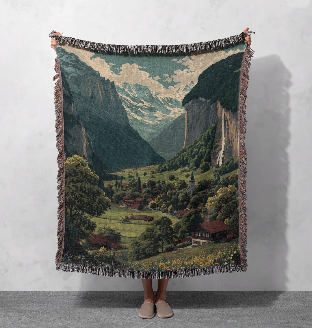 Majestic Mountain Valley Woven Blanket 100% Cotton, Scenic Waterfall ...