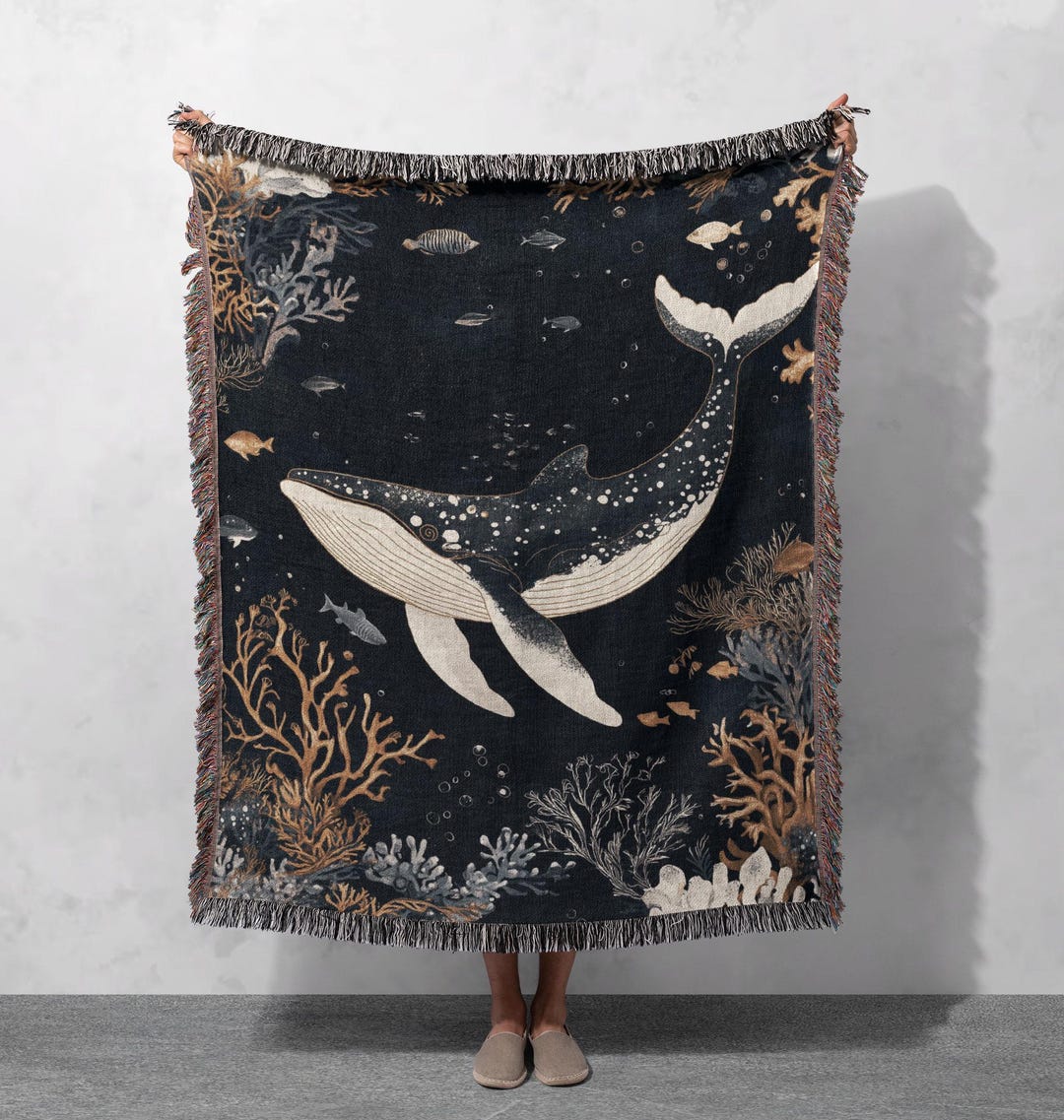 Ocean Whale Woven Blanket 100% Cotton - Underwater Marine Art Throw ...