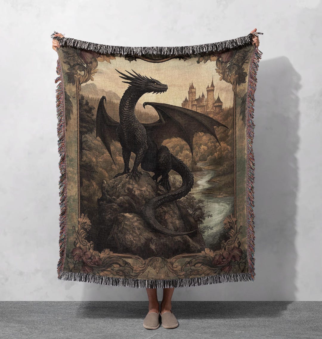 Majestic Black Dragon Woven Blanket 100% Cotton for Fantasy-themed Home ...