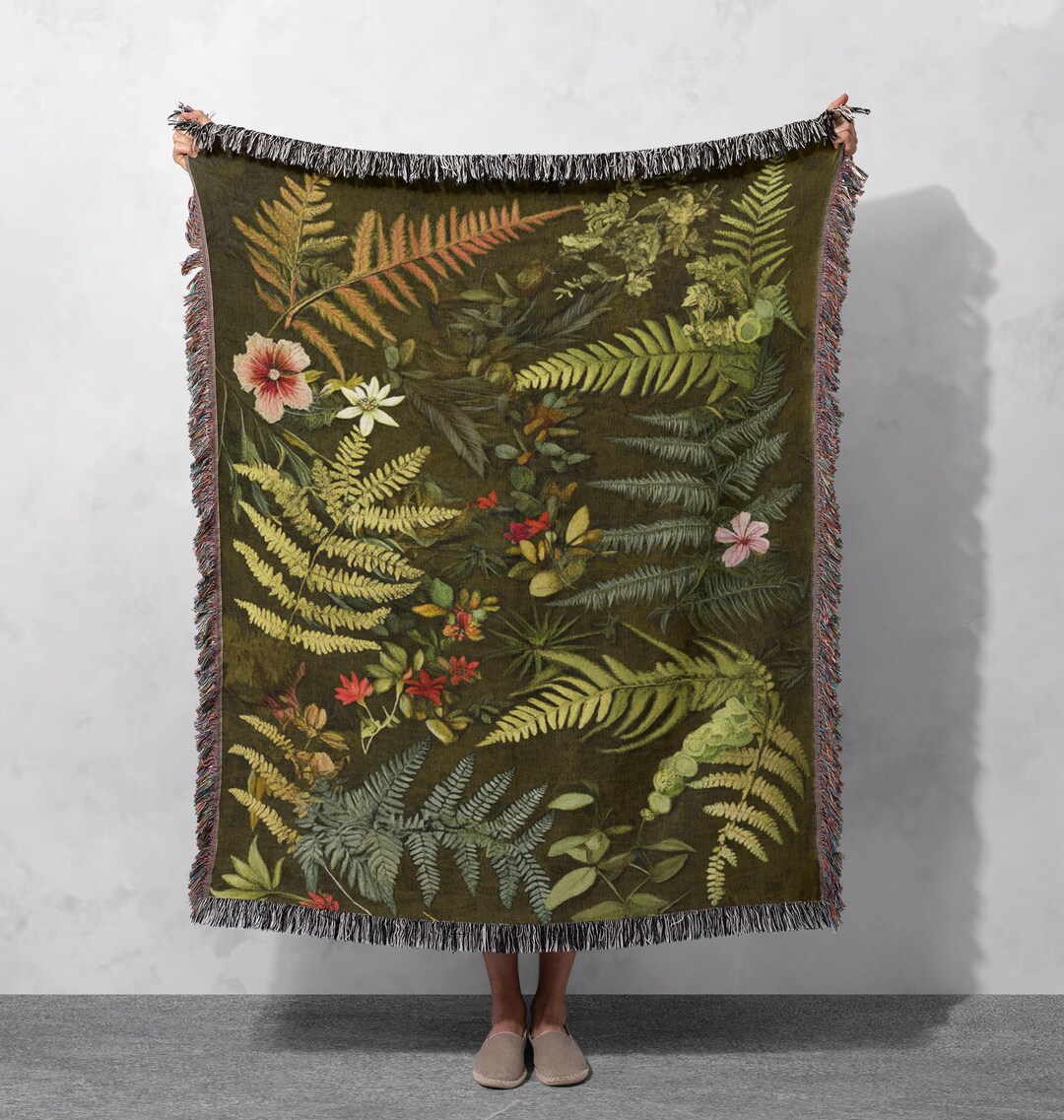 Botanical Fern Woven Blanket With Lush Forest Flora Design Cozy Nature ...