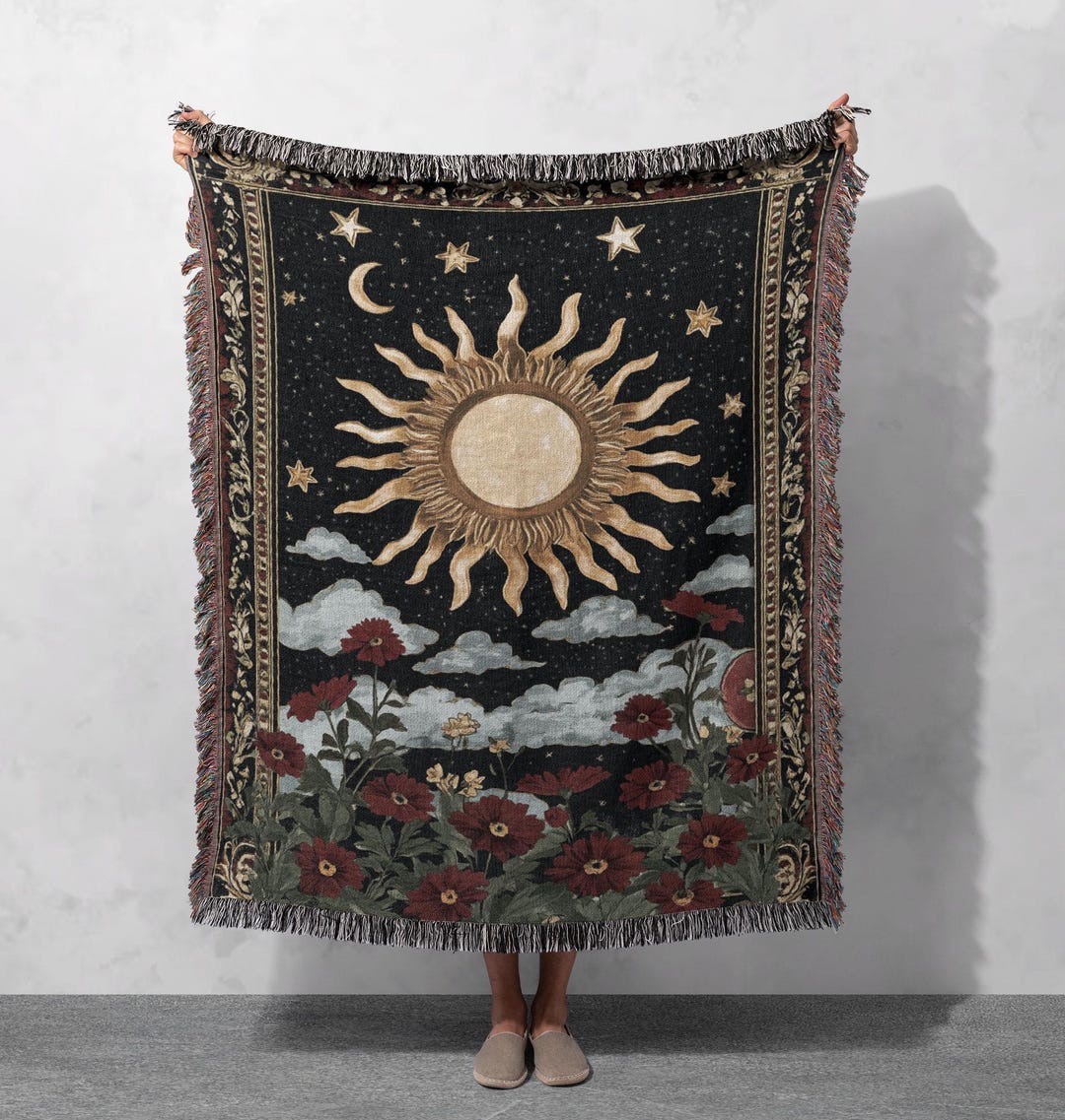 Sun and Moon Woven Blanket 100% Cotton With Floral and Starry Sky ...