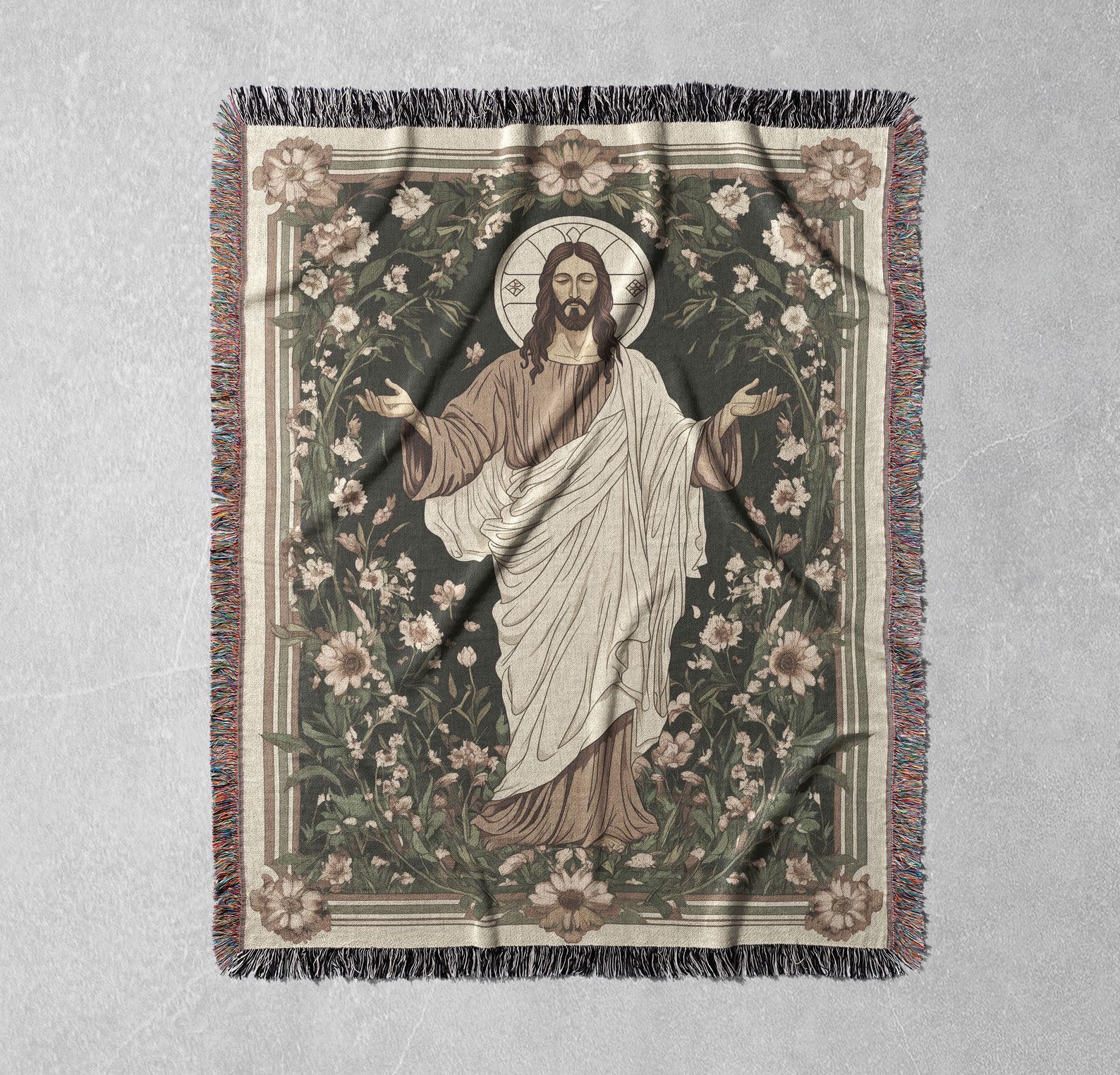 Jesus Woven Blanket 100% Cotton - Religious Art Throw With Floral ...