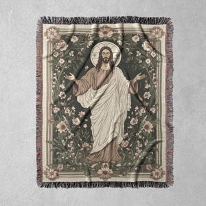 Jesus Woven Blanket 100% Cotton - Religious Art Throw With Floral ...