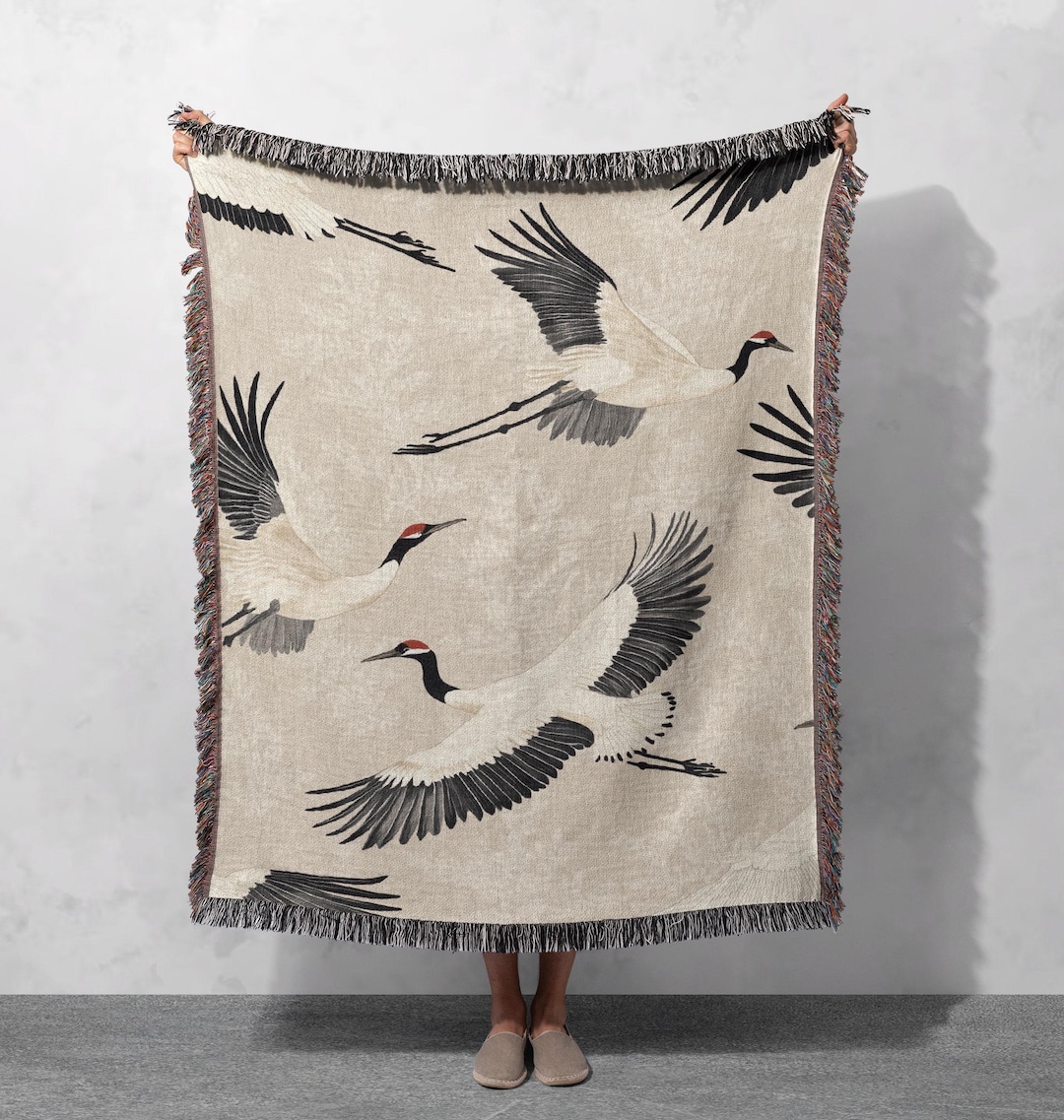 Elegant Cranes 100% Cotton Woven Blanket, Japanese-inspired Nature ...