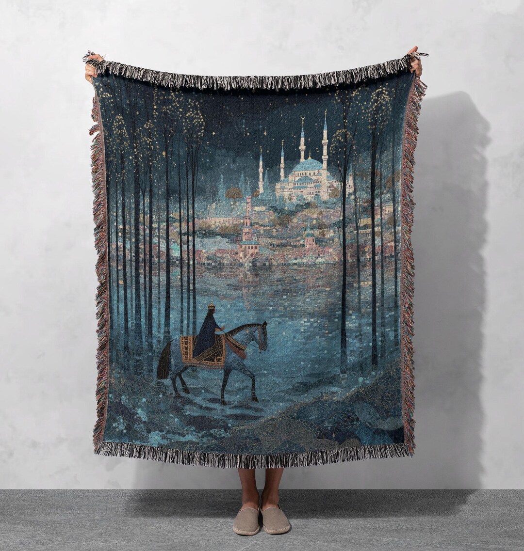 Turkish Traveler Gift Woven Blanket 100% Cotton, Istanbul Night Scene ...