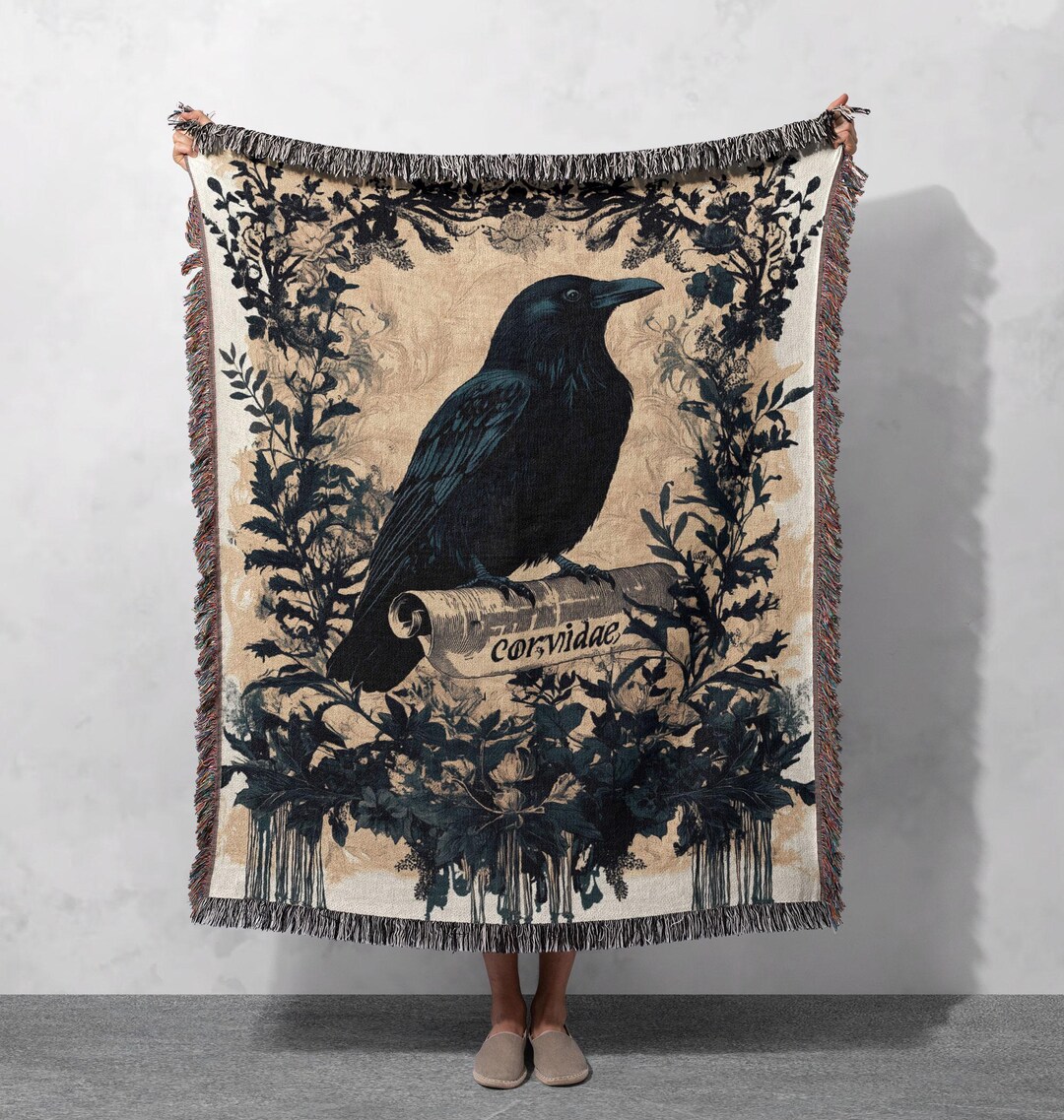 Raven Scroll Woven Blanket – 100% Cotton Gothic Corvid Throw With ...