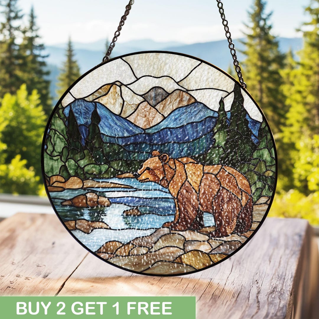 Mountain Stained Glass Art, Grizzly Bear Forest River Window Panel ...