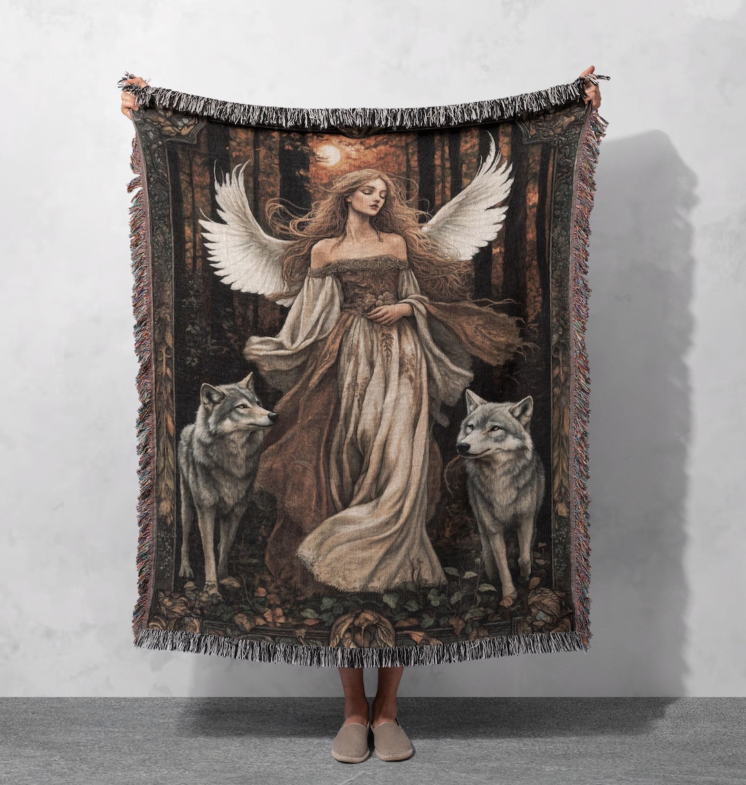 Guardian Angel Woven Blanket 100% Cotton - Wolves and Angelic Art Throw ...