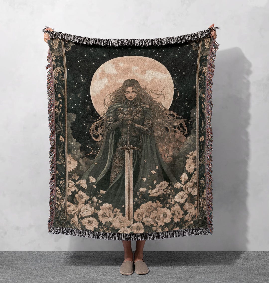 Female Warrior Moonlit Knight Art Blanket 100% Cotton, Floral Fantasy ...