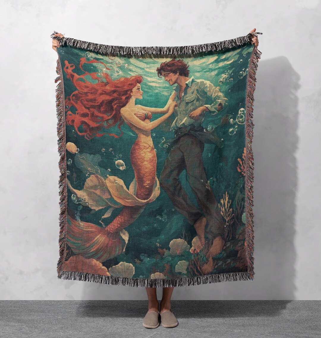 100% Cotton Mermaid Romance Woven Blanket, Fantasy Ocean Fairy Tale ...