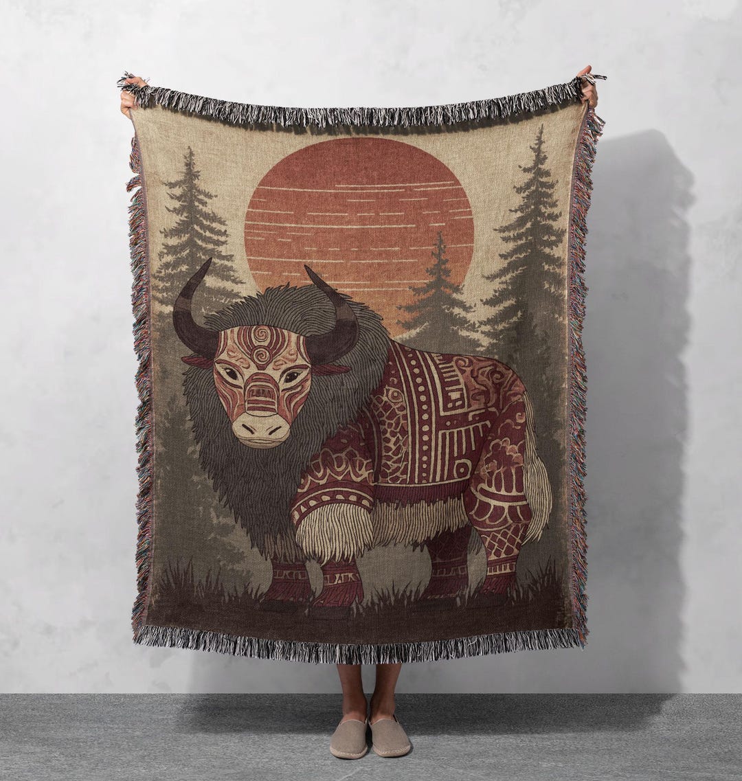 Tribal Yak Woven Blanket 100% Cotton, Rustic Forest Bison Art Throw ...