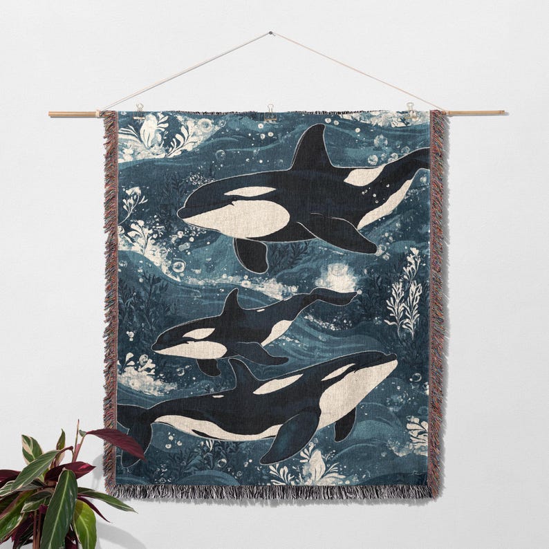 100% Cotton Orca Woven Blanket, Marine Wildlife Tapestry, Ocean-themed ...