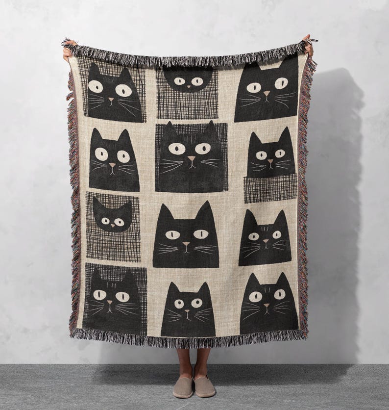 Modern Black Cat Woven Blanket 100% Cotton - Artistic Cat Face Throw ...