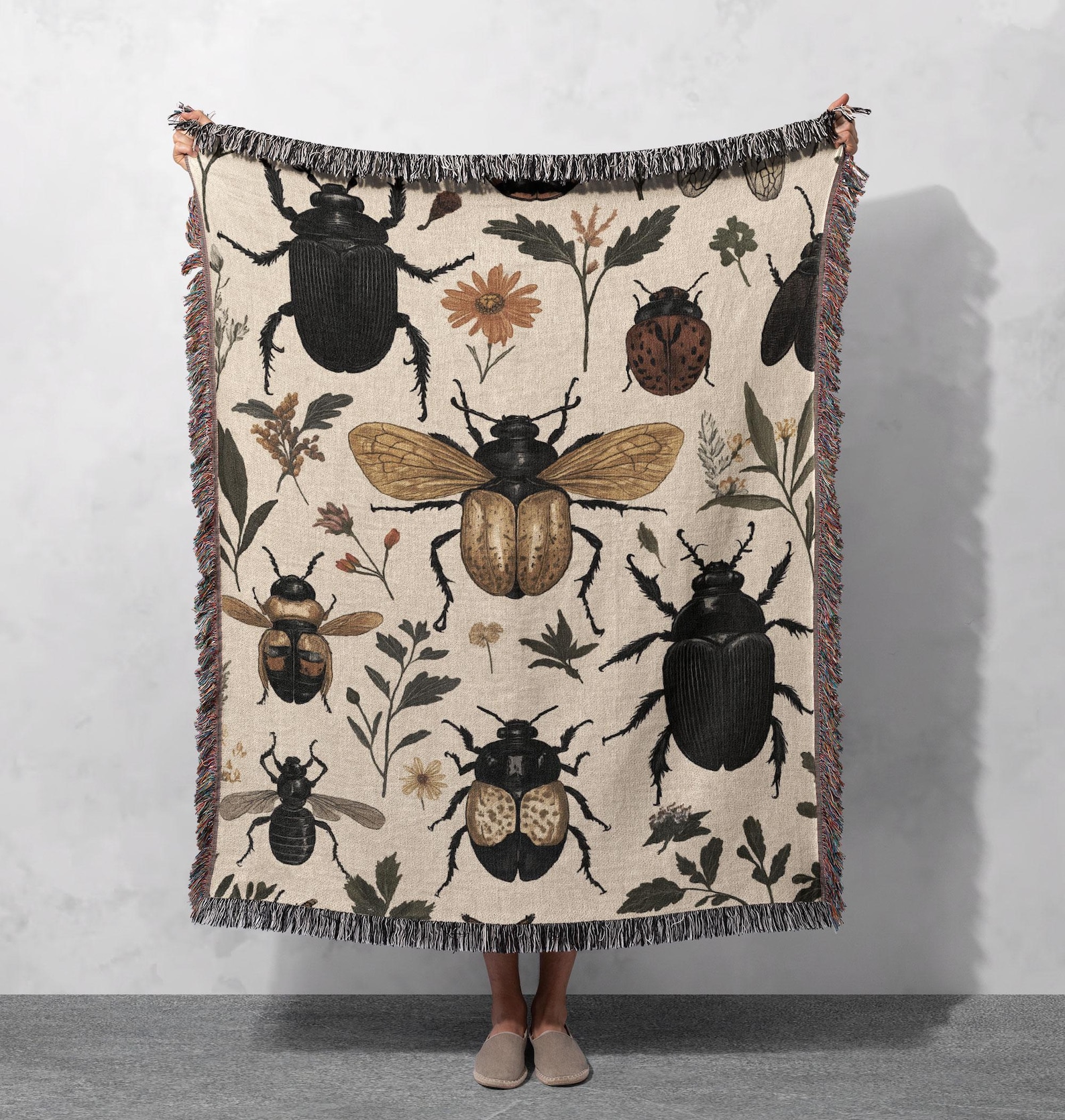 100% Cotton Insect Woven Blanket, Vintage Beetle Tapestry, Nature ...