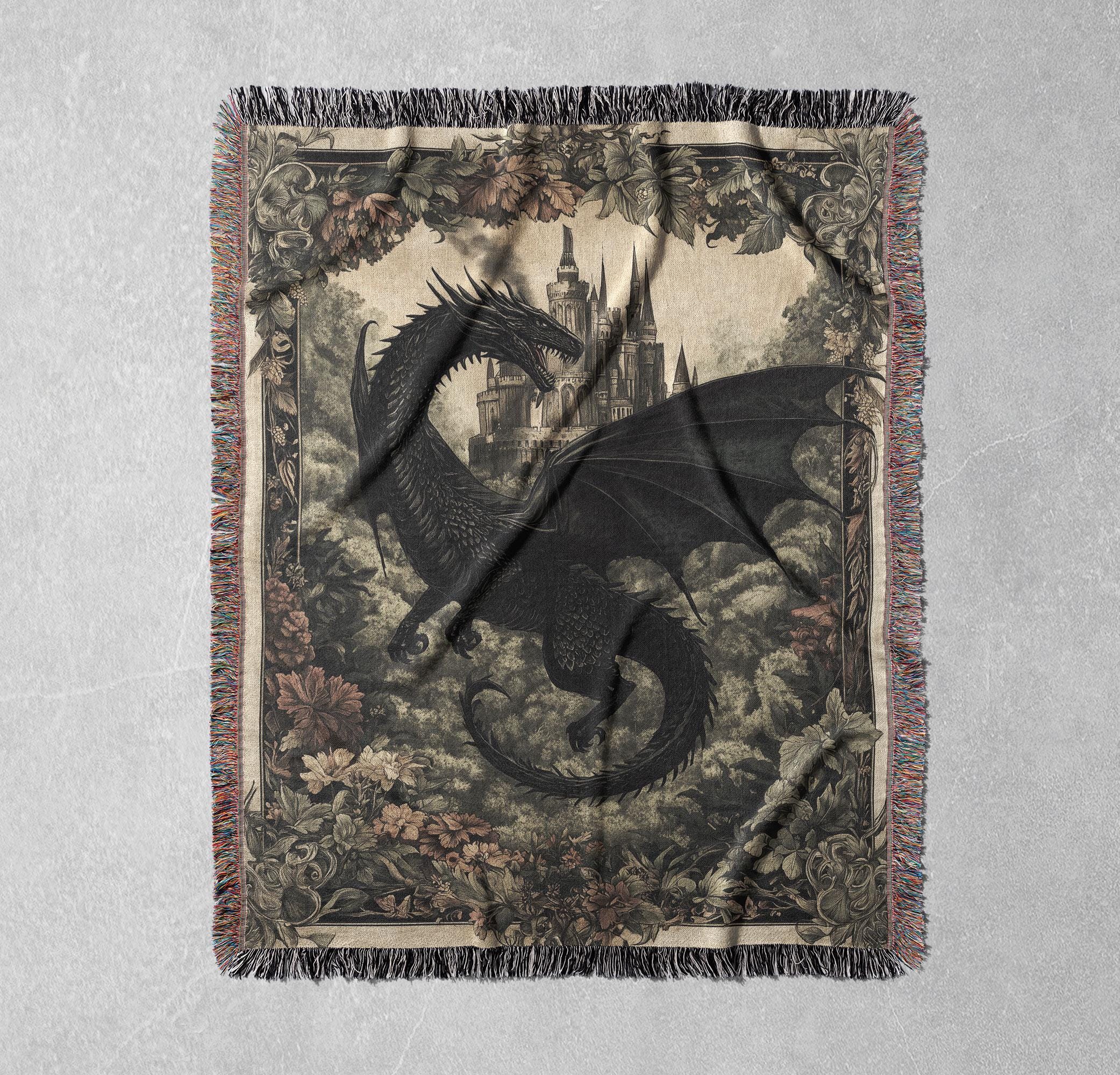 100% Cotton Black Dragon Woven Blanket, Medieval Fantasy Tapestry ...