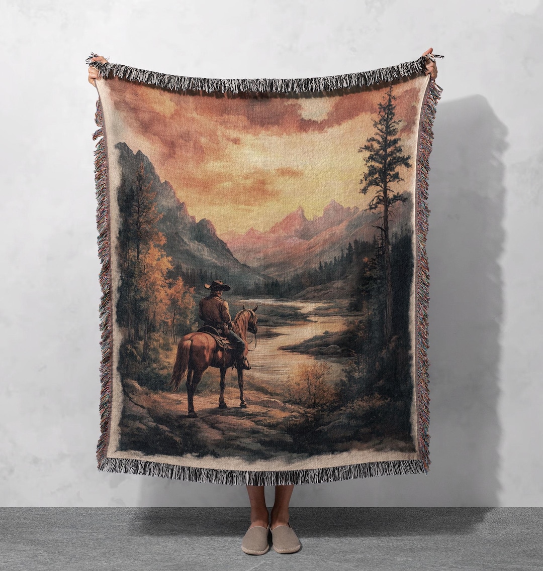 100% Cotton Western Cowboy Woven Blanket, Rustic Mountain Tapestry ...