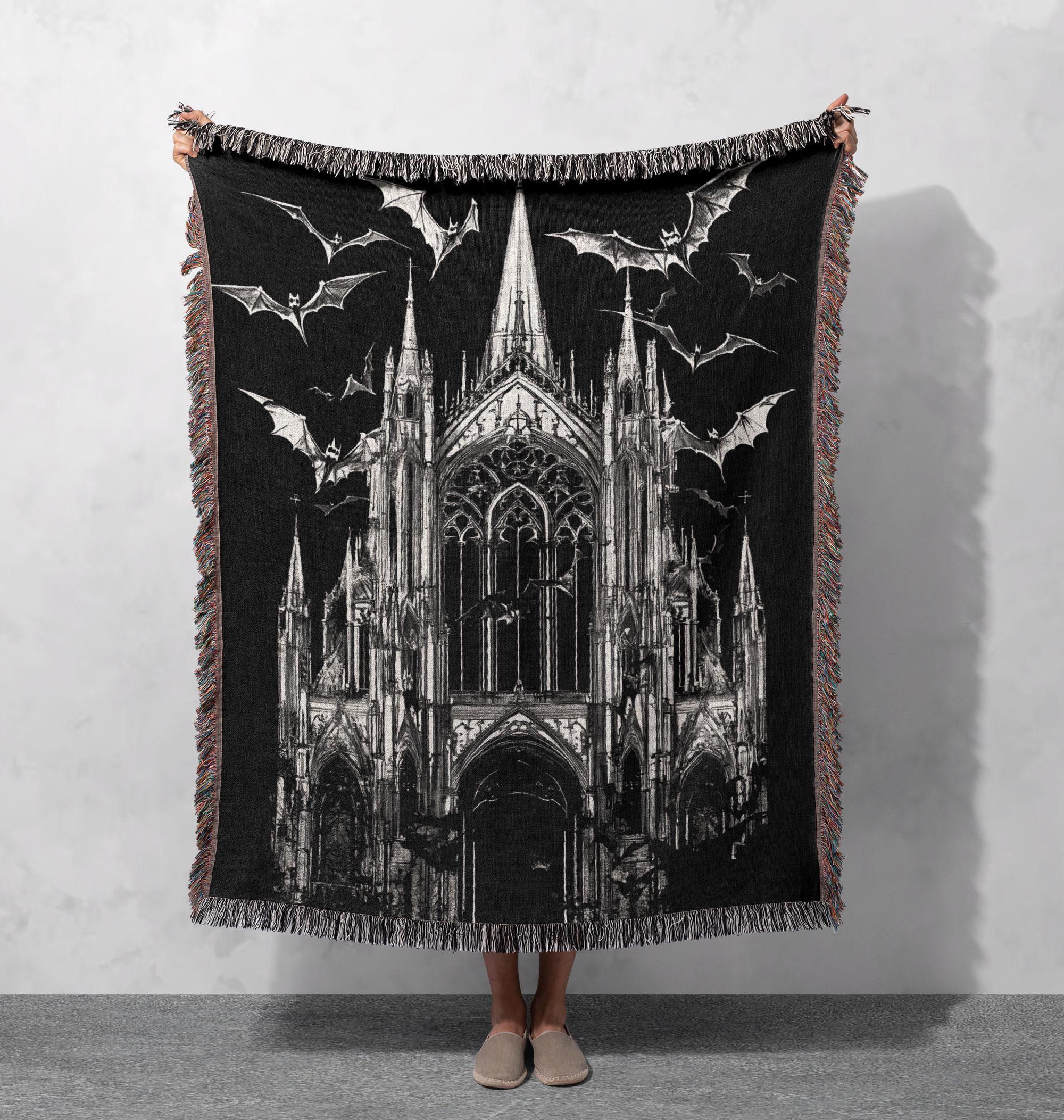 Gothic Cathedral Woven Blanket, 100% Cotton Black Tapestry, Haunted ...