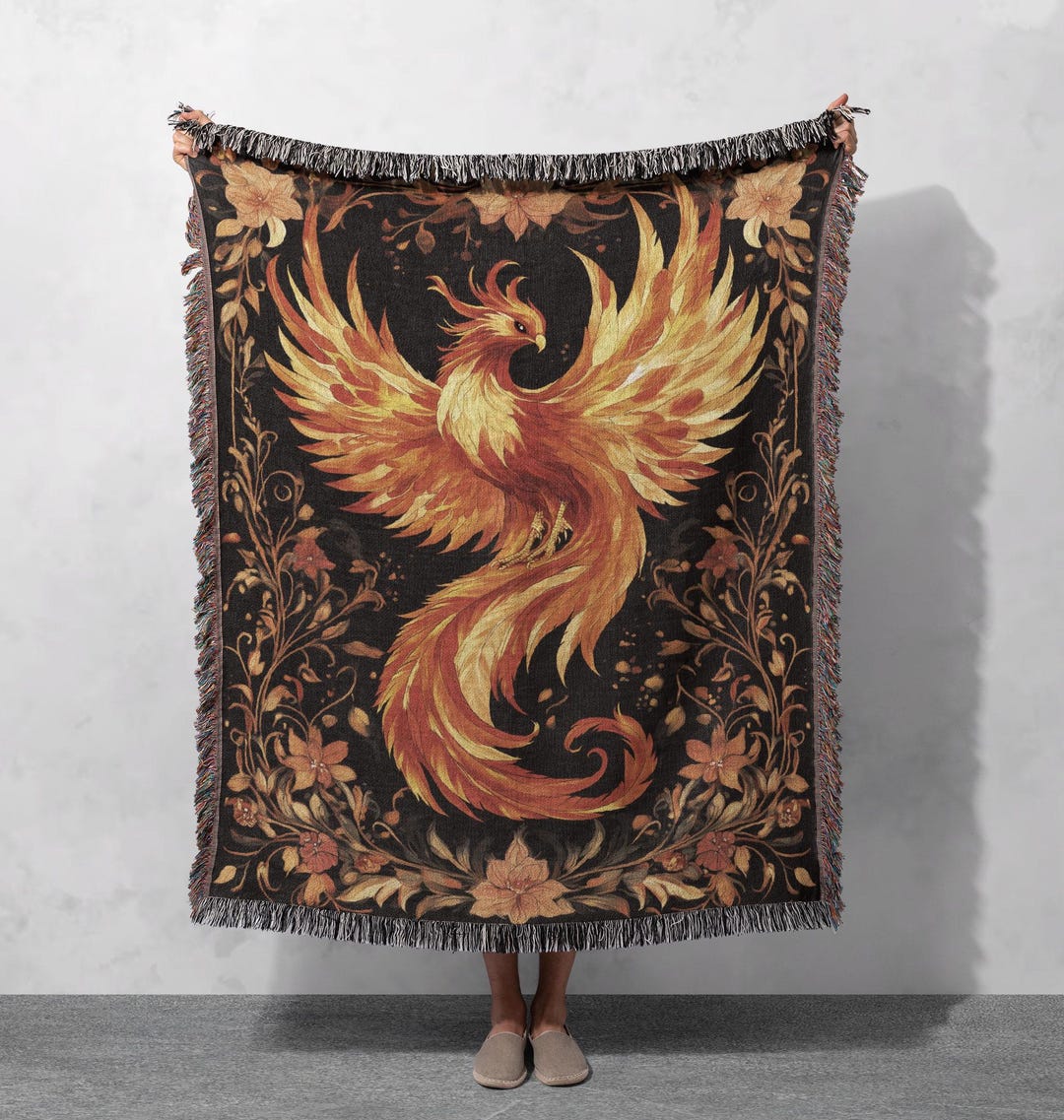 Majestic Phoenix Woven Blanket, Mythical Firebird Tapestry Throw ...