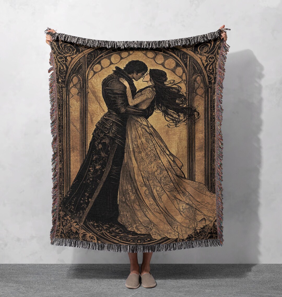 100% Cotton Medieval Romance Woven Blanket, Knight & Lady Tapestry ...