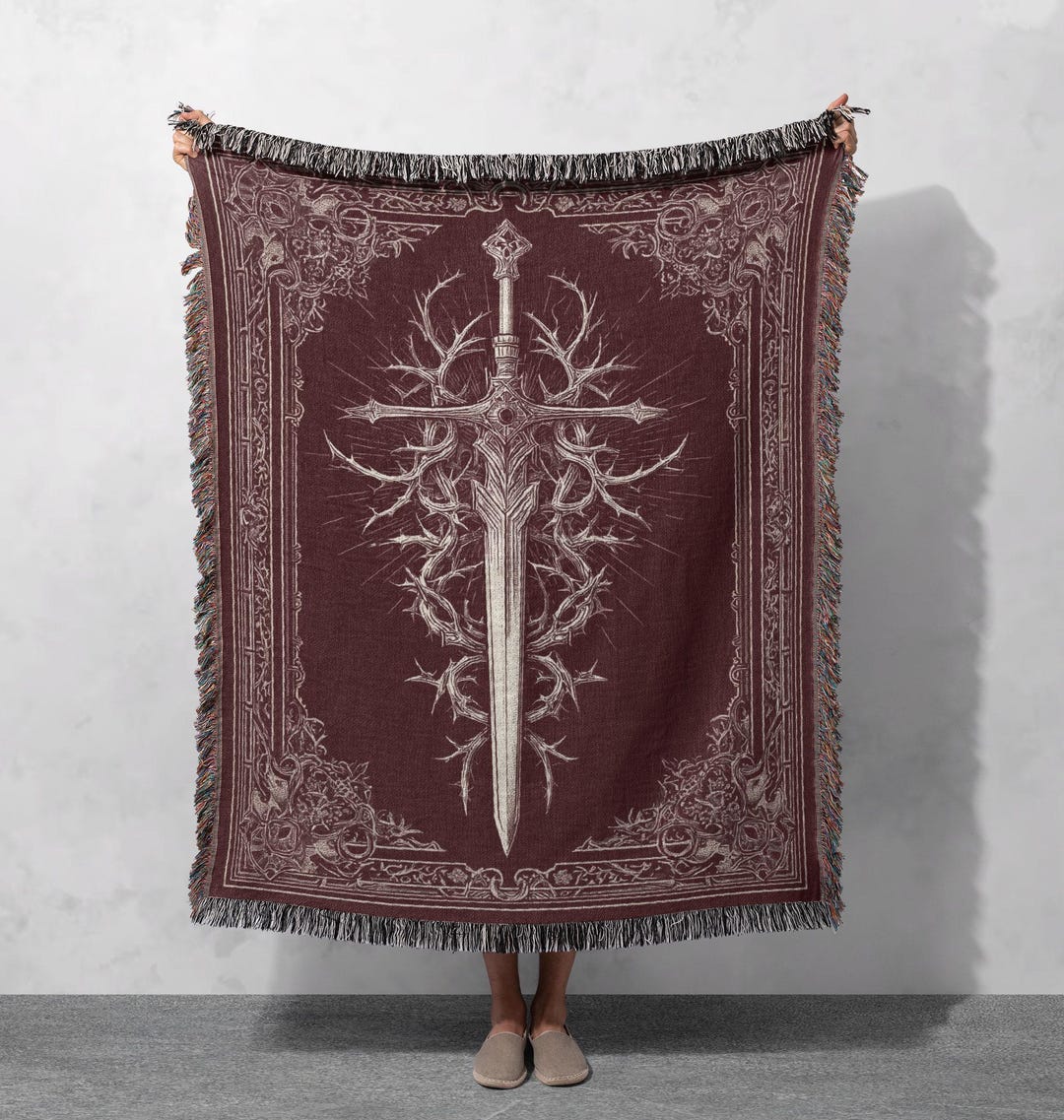 Gothic Sword Woven Blanket 100% Cotton, Dark Academia Fantasy Throw ...