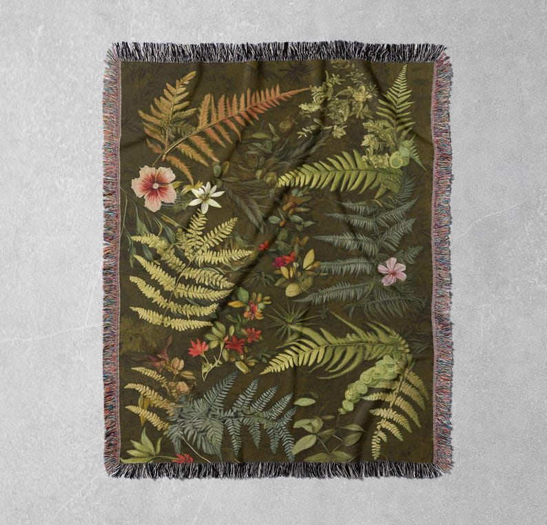 Botanical Fern Woven Blanket With Lush Forest Flora Design Cozy Nature ...