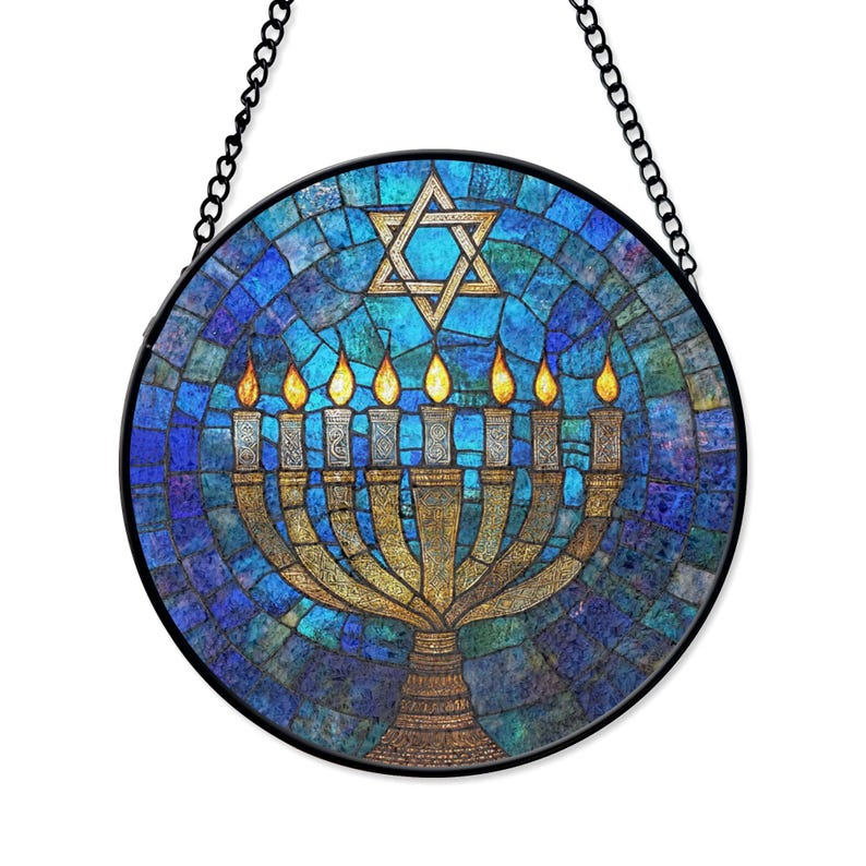 Jewish Faith Stained Glass Panel, Hanukkah Menorah Decoration, Star of ...