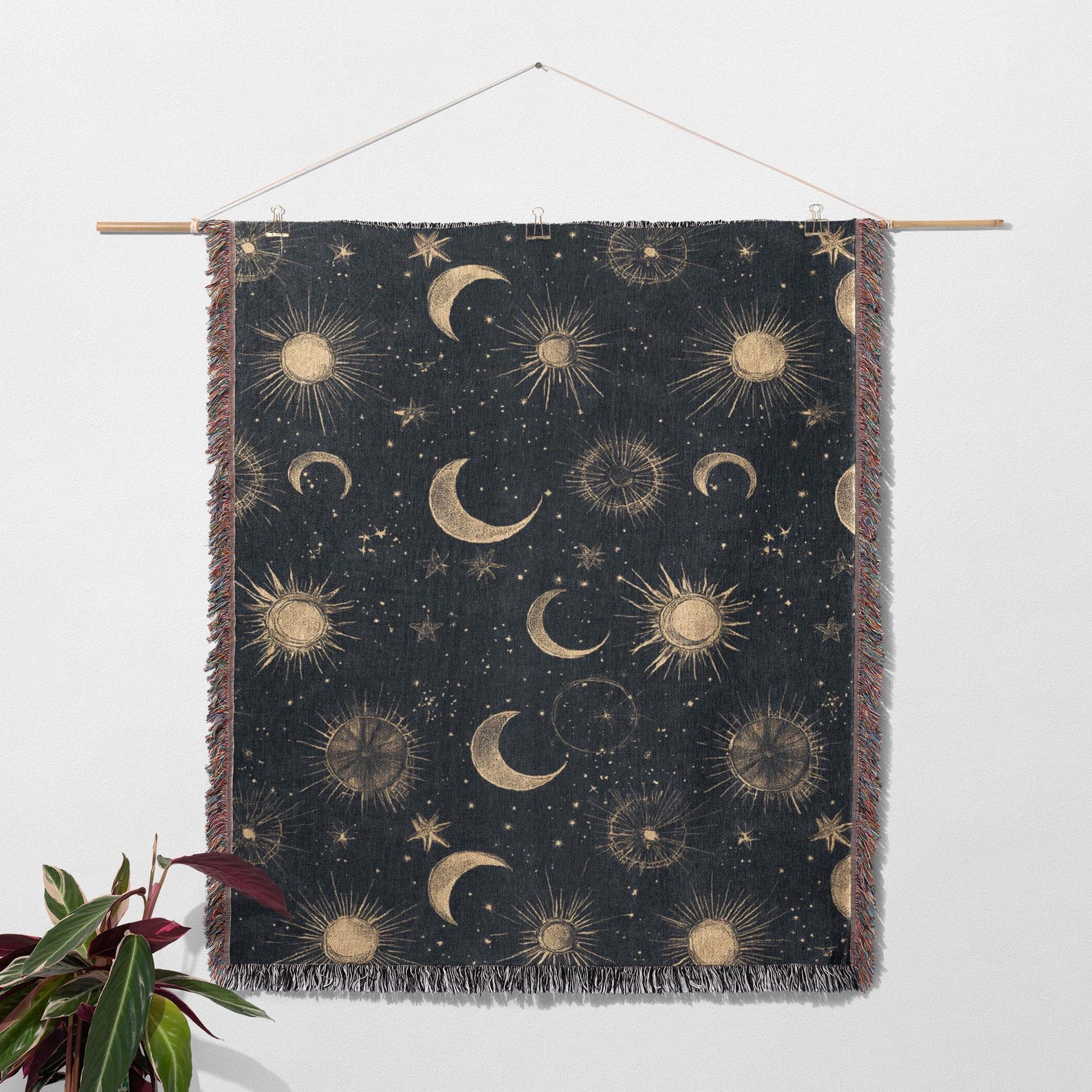 Celestial Moon and Stars Woven Blanket 100% Cotton With Golden Sun ...