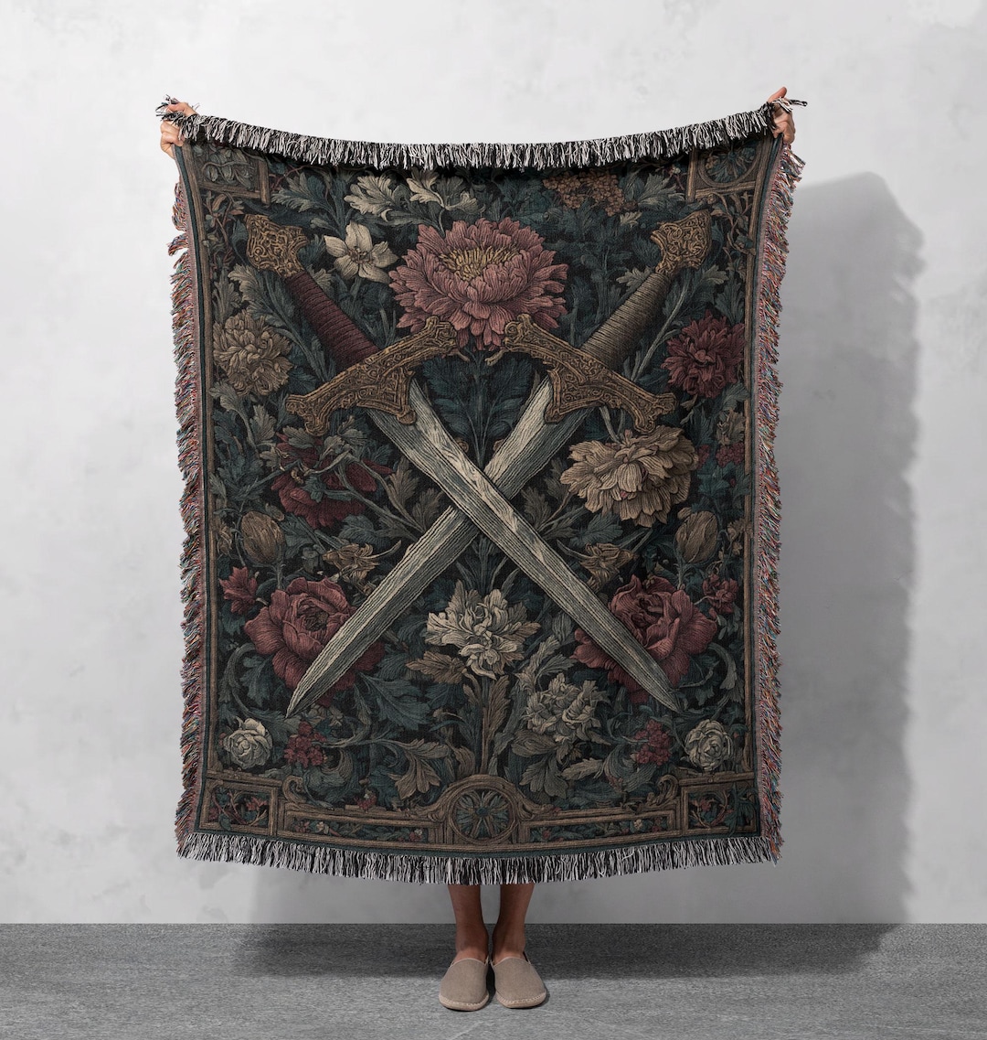 Gothic Floral Sword Woven Blanket 100% Cotton, Fantasy Medieval ...