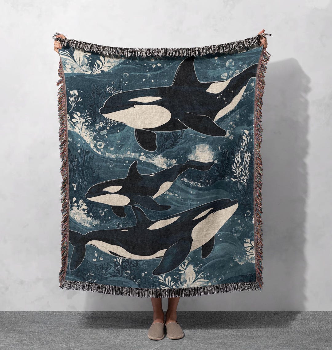 100% Cotton Orca Woven Blanket, Marine Wildlife Tapestry, Ocean-themed ...