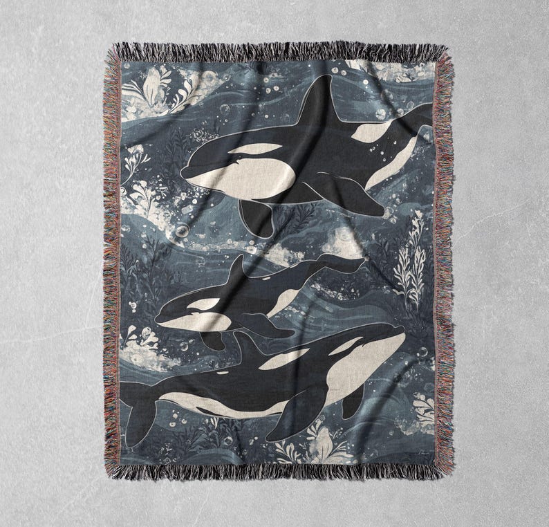 100% Cotton Orca Woven Blanket, Marine Wildlife Tapestry, Ocean-themed ...