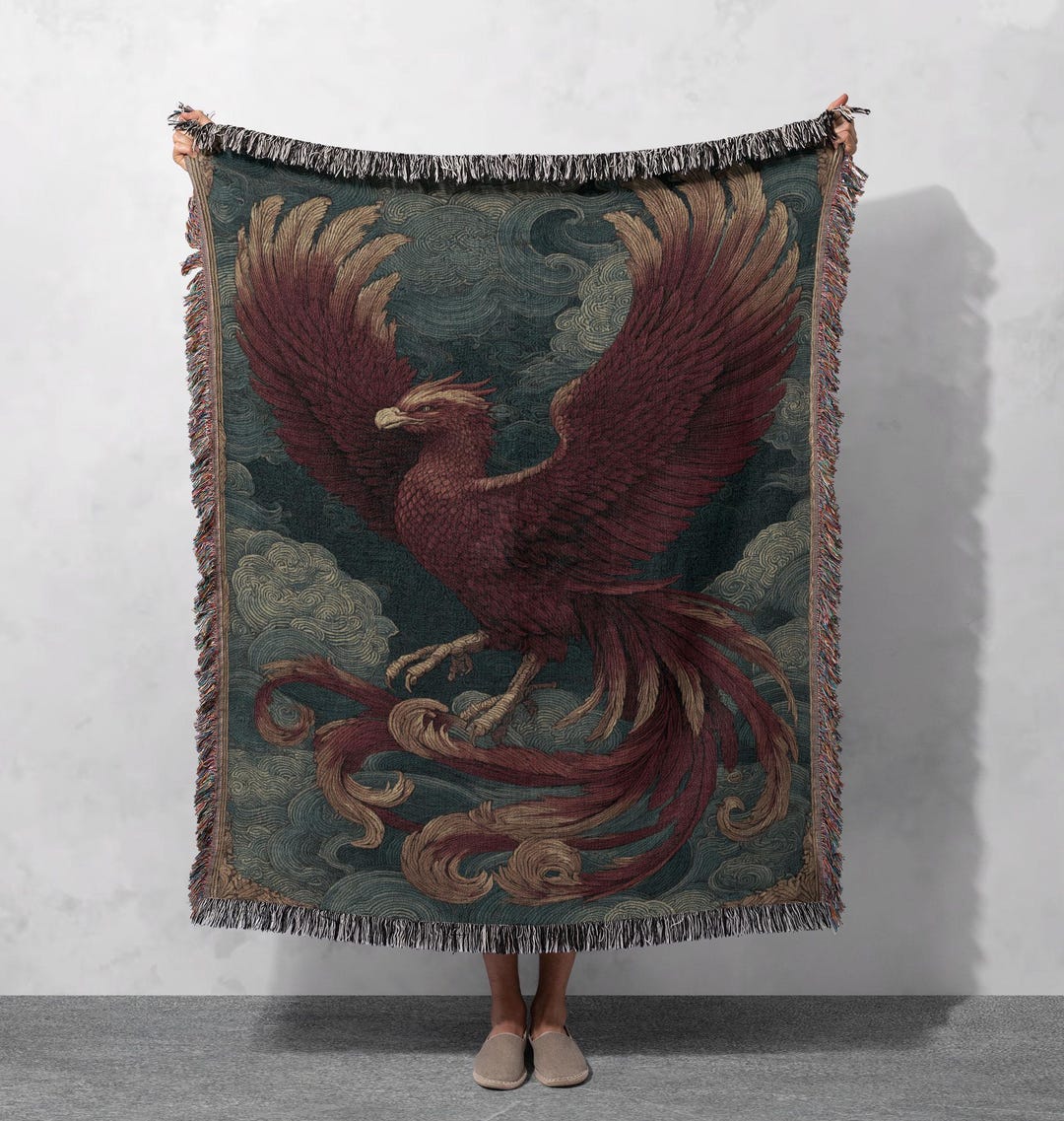 Majestic Phoenix Woven Blanket 100% Cotton , Mythical Bird Tapestry ...