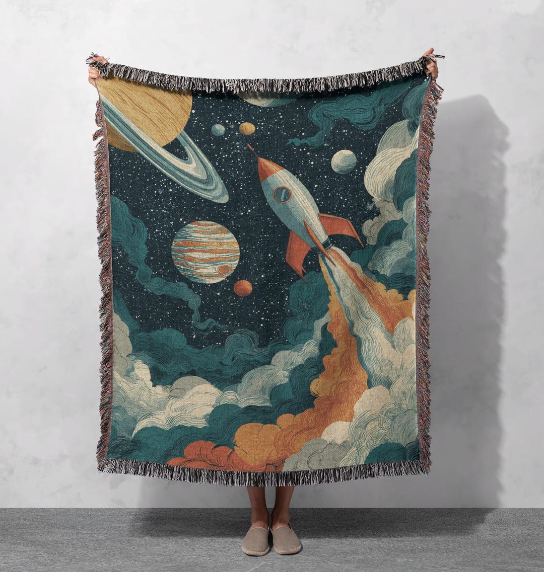 Vintage Rocket Ship Woven Blanket 100% Cotton, Space Lover Gift Woven ...
