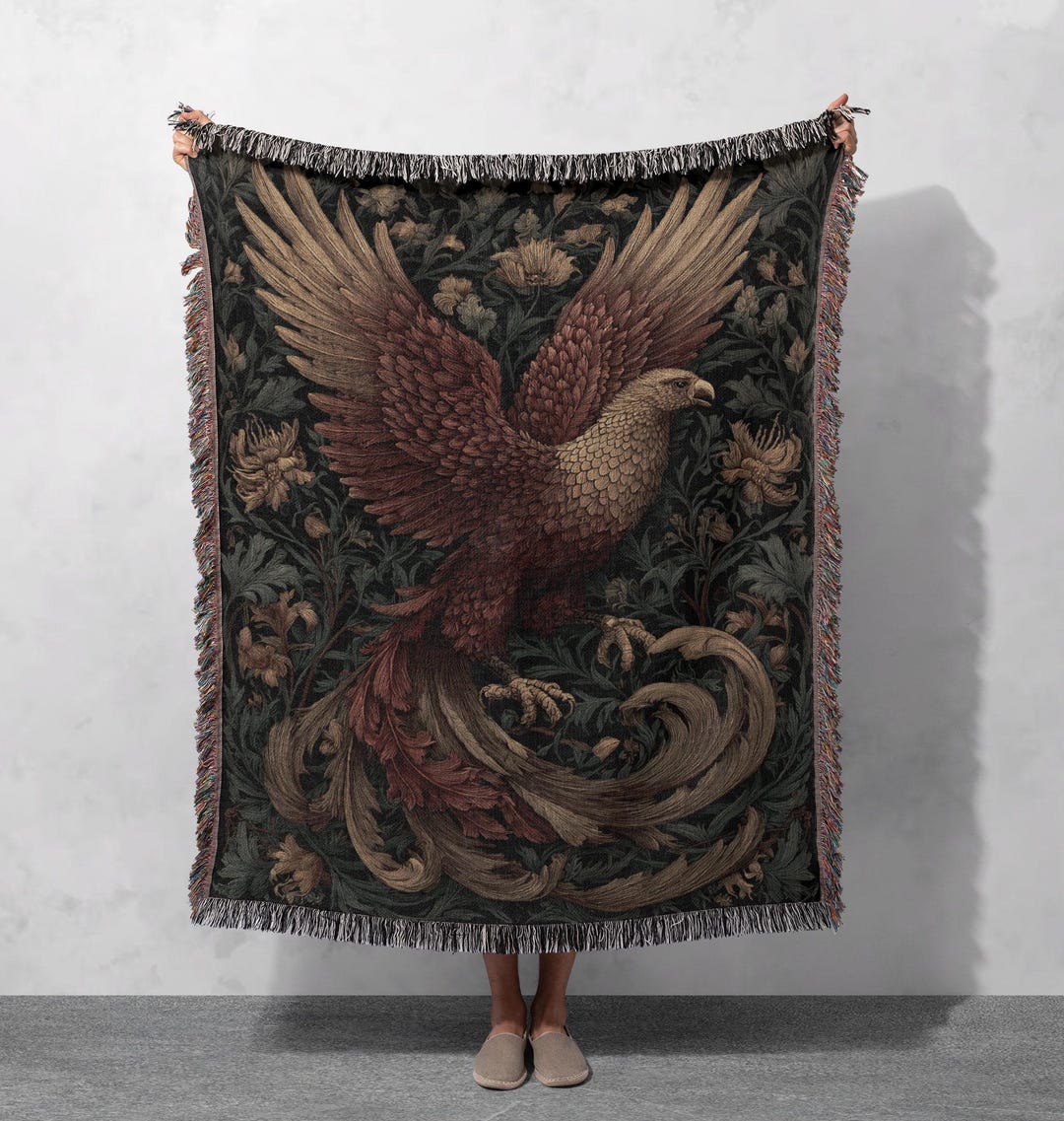 Ornate Phoenix Woven Blanket 100% Cotton, Mythical Bird Tapestry Throw ...