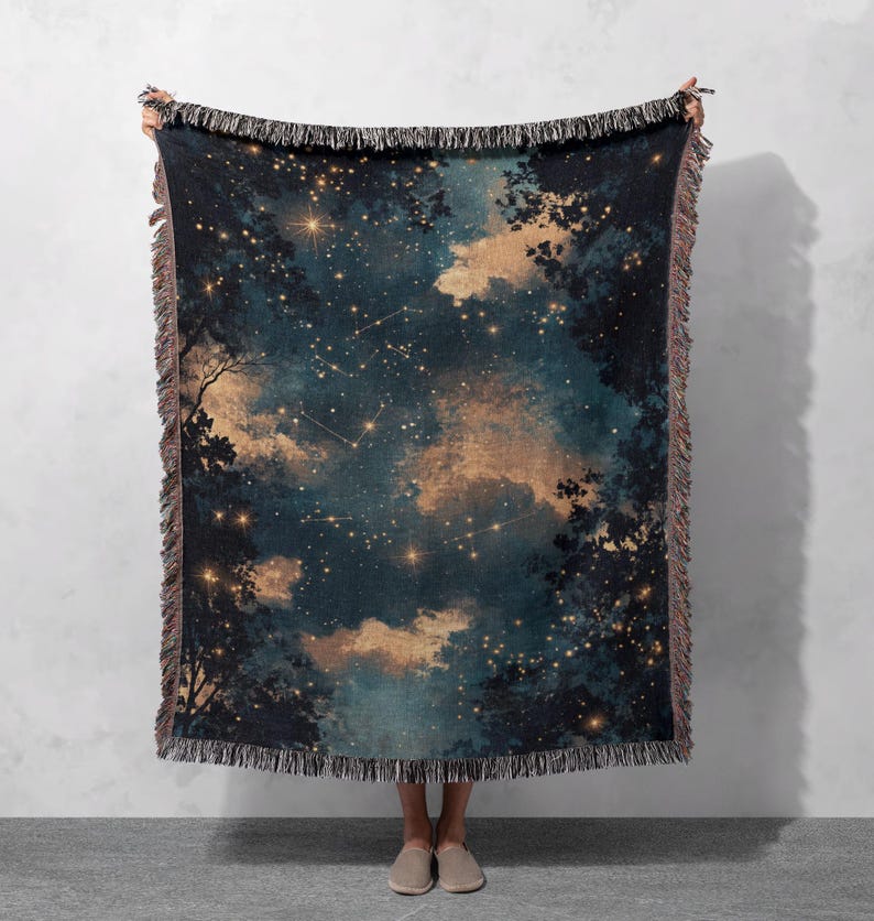 Starry Night Sky Woven Blanket 100% Cotton - Constellation Art Throw ...