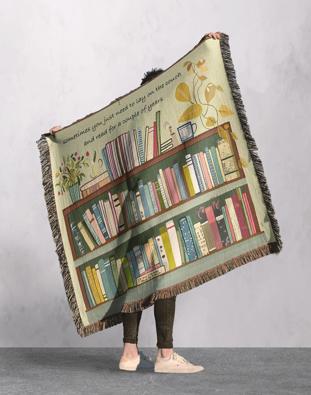 Cozy Woven Blanket 100% Cotton With Bookshelf Illustration & Relaxing ...